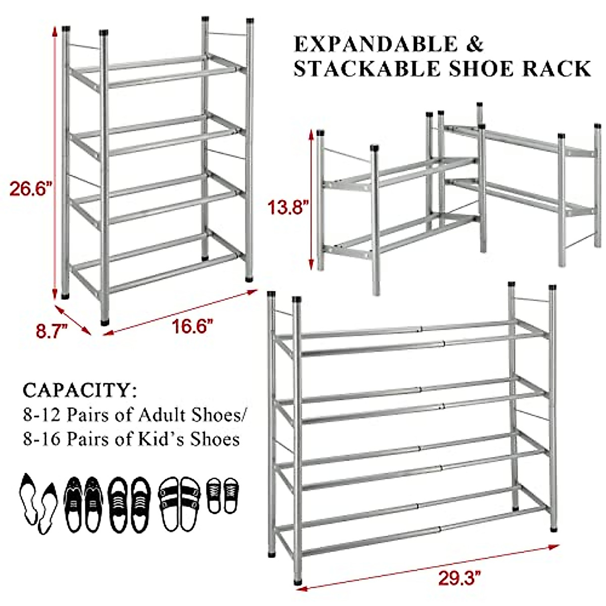 LNYZQUS 4-Tier Expandable Shoe Rack,Sturdy Shoe Shelf Shoe Organizer For Closet,Metal Adjustable Closet Shoe Racks Skinny Shoe Stand For Bedroom Closet-Grey