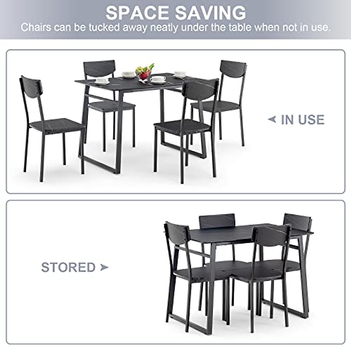 JOMEED 5 Piece Dining Table Set for 4 Kitchen Table and Chairs for 4 Metal and Wood Rectangular Space Saving Dining Table with Chairs Perfect for Dining Room, Kitchen and Small Spaces (Black)