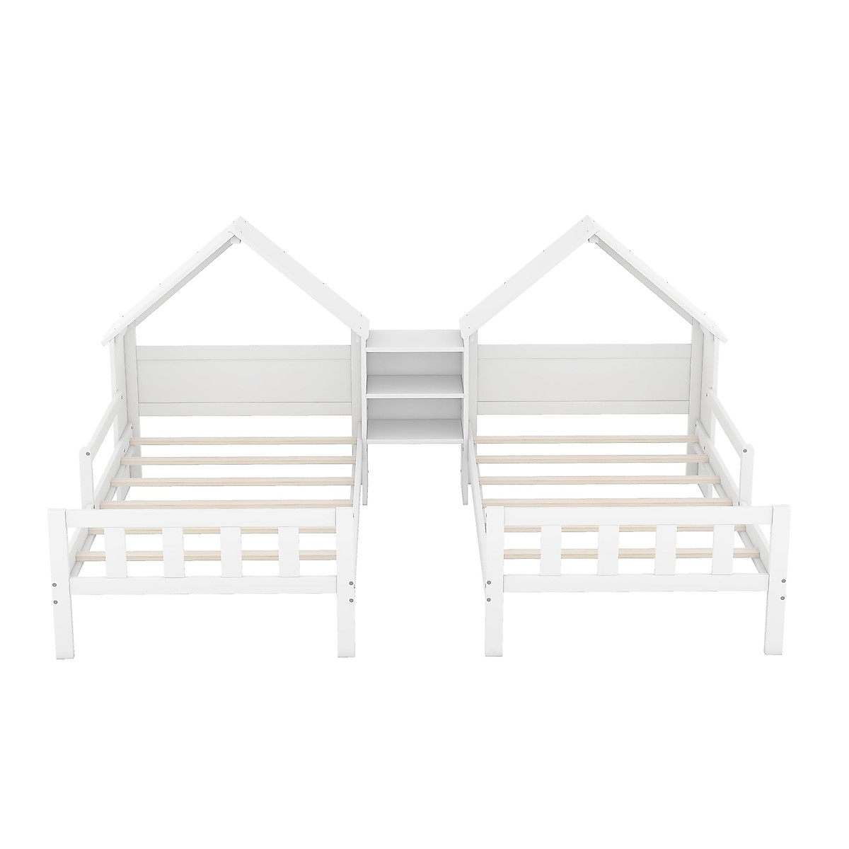 Harper & Bright Designs Double Twin Bed Frames for Kids,Wood Double Twin House Bed with House-Shaped Headboard and a Built-in Nightstand, Side by Side Montessori Twin Bed for Kids Girls Boys,White
