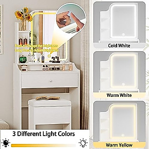 LIKIMIO Small Makeup Vanity Desk with Mirror and Lights, Vanity Table Set with Storage Drawer & Chair & 3 Shelves, Bedroom, White