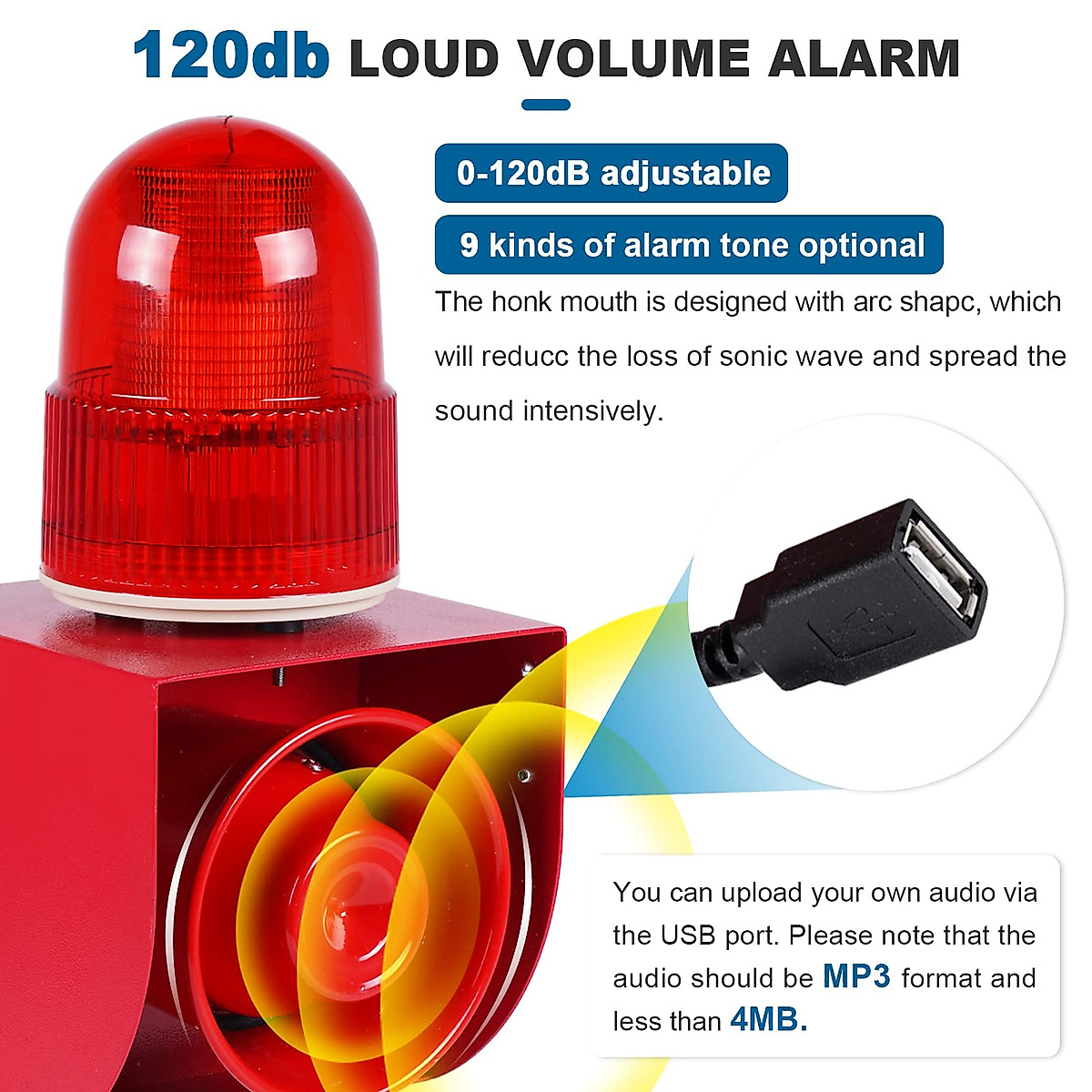 Saladulce Wireless Industrial Siren Alarm 0.311 Mile Outdoor Siren Strobe 120dB Remote Control Sound and Light Alarm IP65 Waterproof Emergency Strobe Warning Light (110V Without Plug)