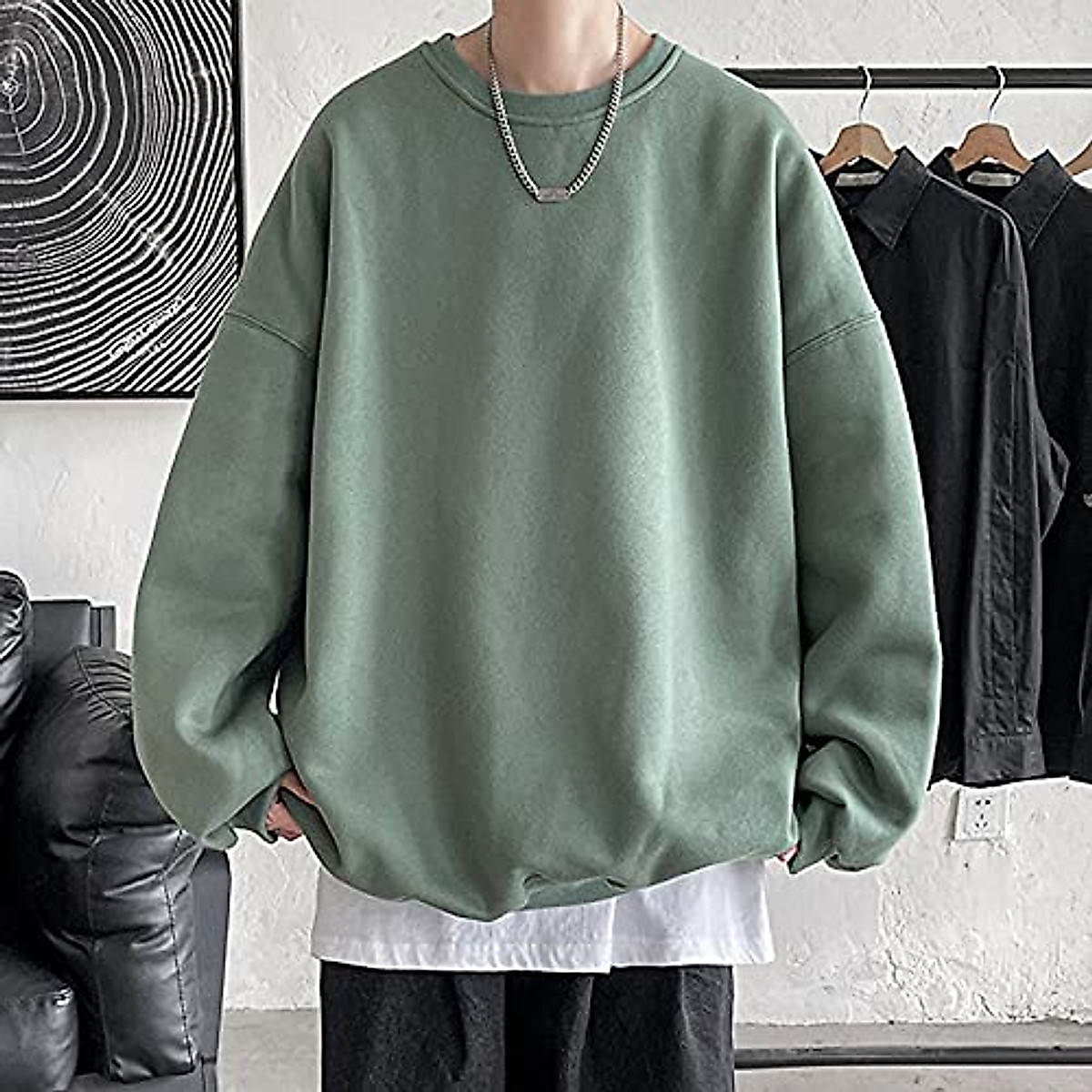 JUNGE Mens Clothes,Sweatshirts,Apparel for Men,Men Sweatshirts,Menswear,Sweatsuits Men,Cool Sweatshirts,Casual Outfits Men,Casual wear Men,Plain Black Sweatshirt,Plain White Sweatshirt 07-green