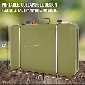 Hike Crew Gas Camping Stove | 20,000 BTU Portable Propane 2 Burner Stovetop | Integrated Igniter & Stainless Steel Drip Tray | Built-in Carrying Handle, Foldable Legs, Wind Panels | Includes Regulator