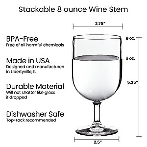 US Acrylic Stackable 8 ounce Plastic Wine Stems in Clear | Set of 8 Reusable, BPA-free, Made in the USA, Top-rack Dishwasher Safe
