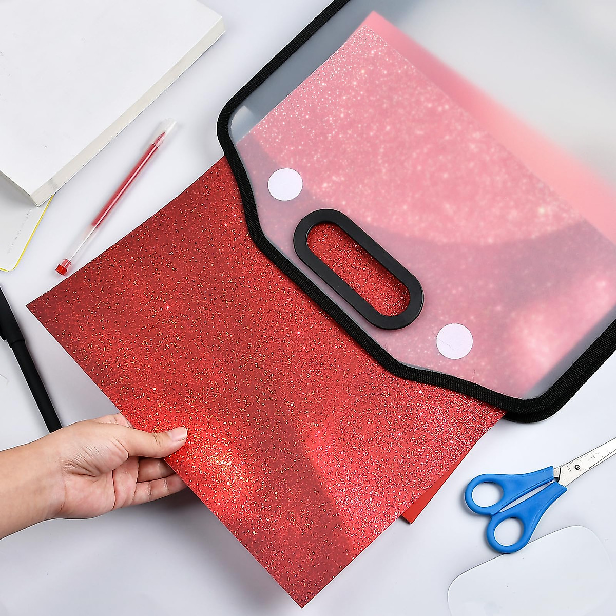 Supkiir 6 Pcs Scrapbook Paper Storage Organizer 12'' x 12'' Sheets Expanding Paper Folio with Portable Handle and Button Closure Clear Vinyl Paper Holder for Scrapbook Supplies Crafts Mats Photos File