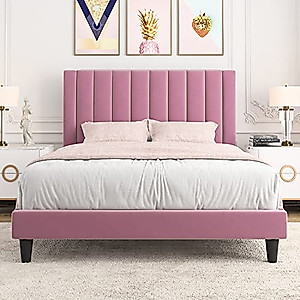 Allewie Full Bed Frame/Velvet Upholstered Bed Frame with Vertical Channel Tufted Headboard/Strong Wooden Slats/Platform Bed Frame/Mattress Foundation/Box Spring Optional/Easy Assembly/Pink…