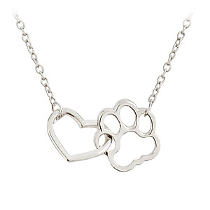 QIAN0813 Cat Dog Puppy Paw Print Stamped Pet Memorial Pendant Necklace Love Heart Necklace Jewelry (Silver)