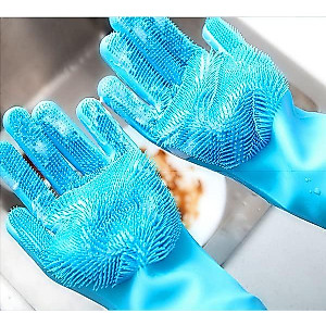 Silicone Dishwashing Gloves, Rubber Scrubbing Gloves, Sponge Cleaning Brush for Dishes Housework, Kitchen, Cars