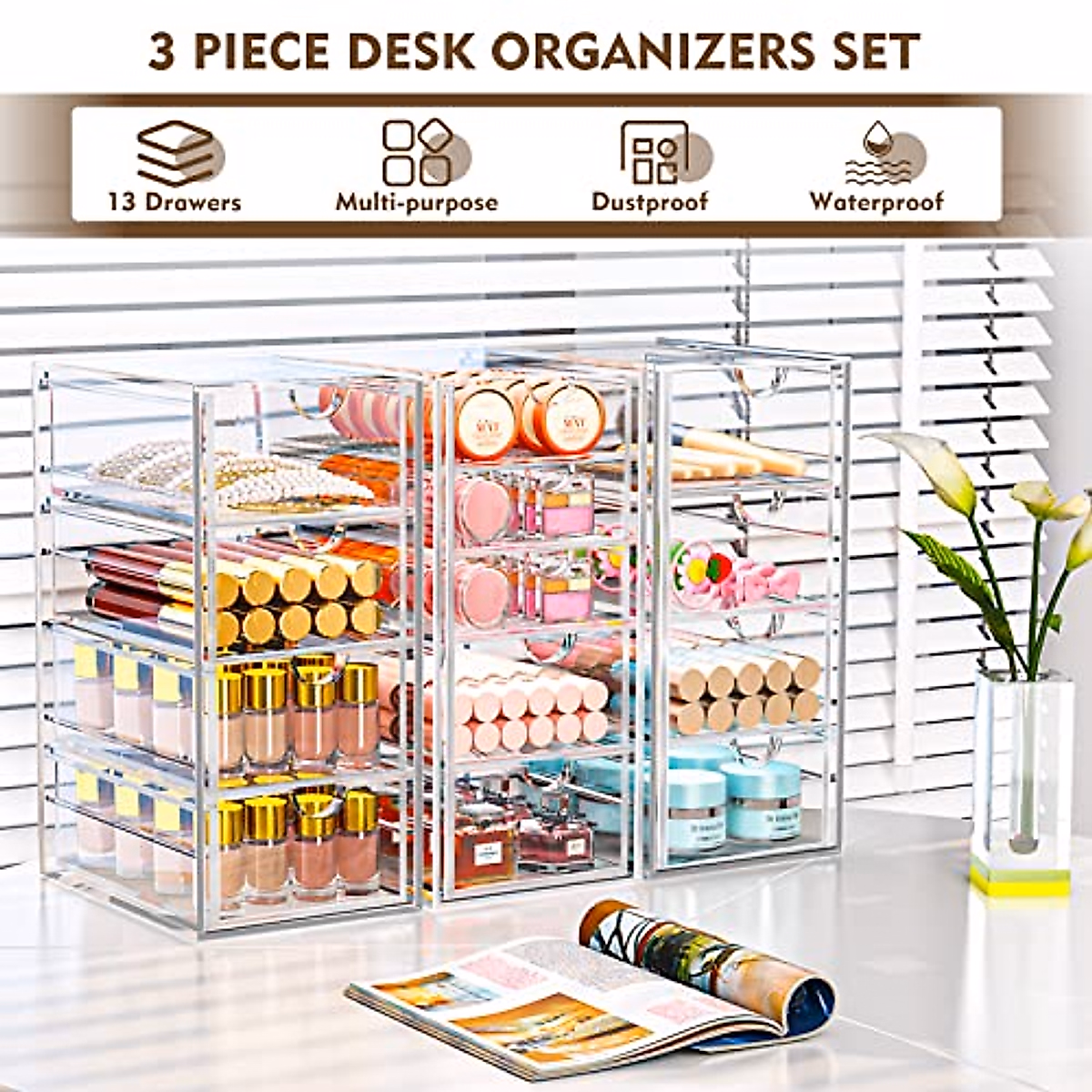 Desk Organizers And Accessories With 13 Drawers, Office Desktop Drawers, Plastic Makeup Organizer Containers Bins With Drawers Desk Organization, Bathroom Organizers Storage Case Box Cube, Pack of 3