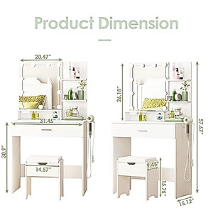 Makeup Vanity Table with Lighted Mirror & Power Strip, White Vanity Set with Hair Dryer Rack, Lots Storage, 3 Lighting Modes, Brightness Adjustable, 31.5in(L)