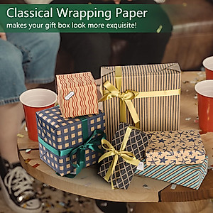 Hianjoo 6 Sheets Gift Wrapping Paper, 20x28 inch Recyclable Kraft Gift Wrapping Paper and 1 Sticker and 4 Ribbon for Birthday, Valentines, Christmas, Graduation, Baby Shower, Easter, DIY Craft