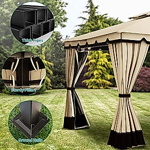 YITAHOME 10x12ft Gazebo for Patios Outdoor Double Roof Canopy Gazebo with Netting & Curtains, Soft Fabric Top Garden Winds Tent with Steel Frame for Lawn, Garden, Backyard and Deck (Khaki)