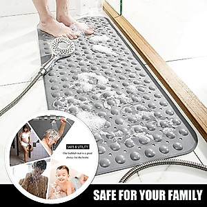 Large Non Slip Bathtub Mat, Extra Long Bath Mat for Tub, 40 x 16 Inch, Machine Washable Shower Mats with Suction Cups and Drain Holes, Bath Tub Mats for Bathroom Non Slip, Grey