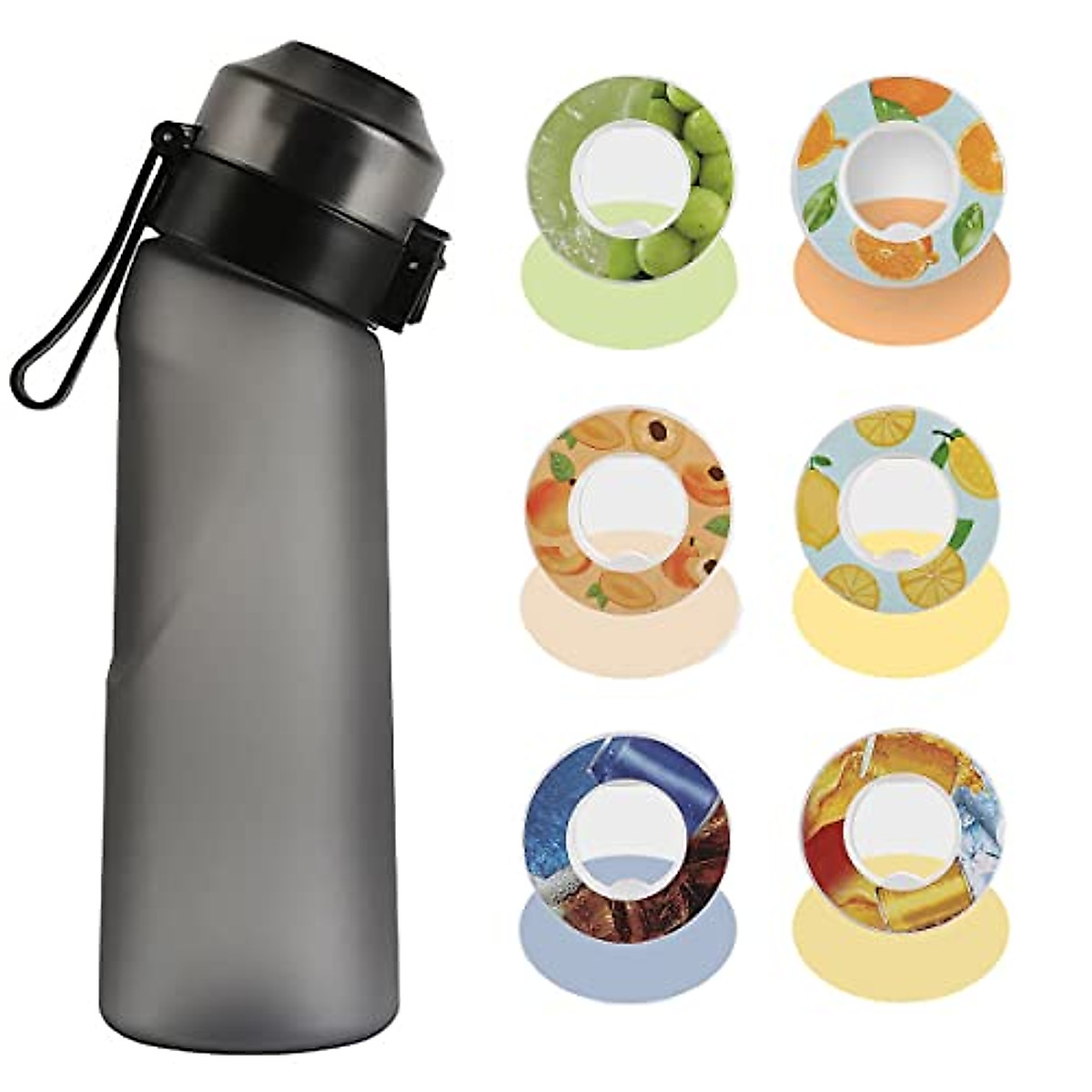 Water Bottle with Flavor Pods,Fruit Fragrance Water Bottle,Scent Water Cup,Sports Water Cup Suitable for Outdoor Sports(A.21.9Oz(Black)+6 Pods)