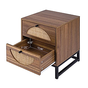 HOYOC Rattan Nightstands Set of 2, Side Table with Hand Made Rattan Decorated Drawers Accent Bedside Tables 2 Solid Wood Drawers Storage End Table for Living Room, Bedroom, Apartment