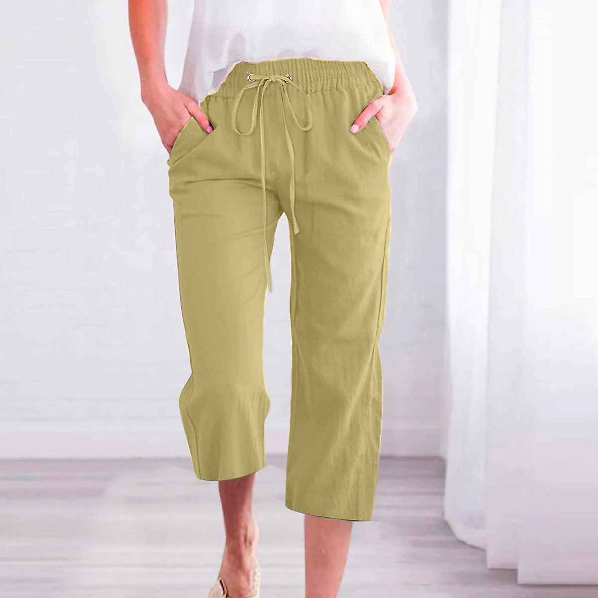 DOLKFU Daily Deals Pants for Women Trendy Women High Waist Casual Capri Cropped Drawstring Elastic Cotton Linen Trousers Loose Fit Beach Capris with Pockets Green XL