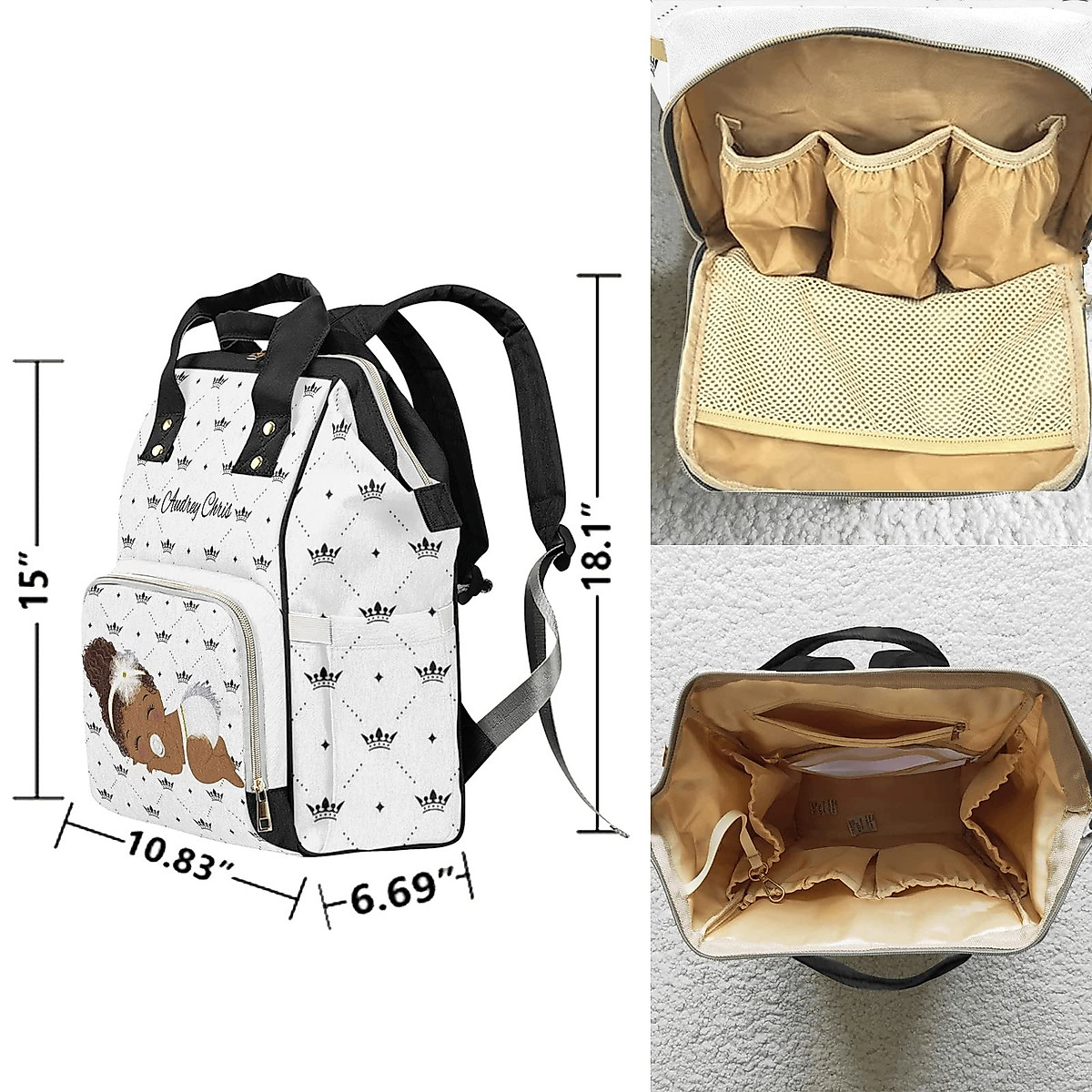 Afro American Girls Retro Crowns Personalized Diaper Backpack with Name,Custom Travel DayPack for Nappy Mommy Nursing Baby Bag One Size