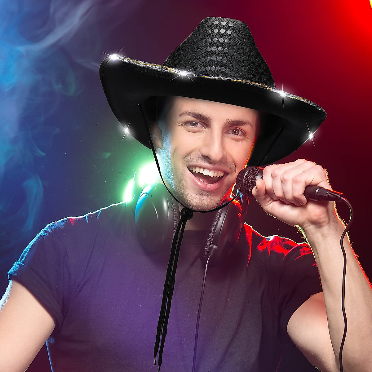 Kigeli LED Flashing Cowboy/Cowgirl Hats for Western Role Play - 10 Pcs, Sequin (Black)