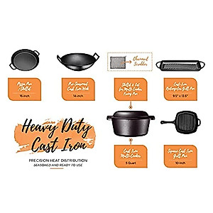 Pre Seasoned Cast Iron 7 Piece Bundle Gift Set, Double Dutch, Rectangular grill Pan, Wok, Large Skillet, Square Grill Pan & Chainmail, Camping Cookware Set