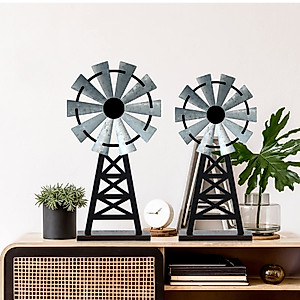 Set of 2 Wooden Farmhouse Windmill Table Top Decor Wood Small Distressed Windmill Table Decor Black Grey Rustic Windmill Themed Table Decor for Kitchen Garden Home Decor
