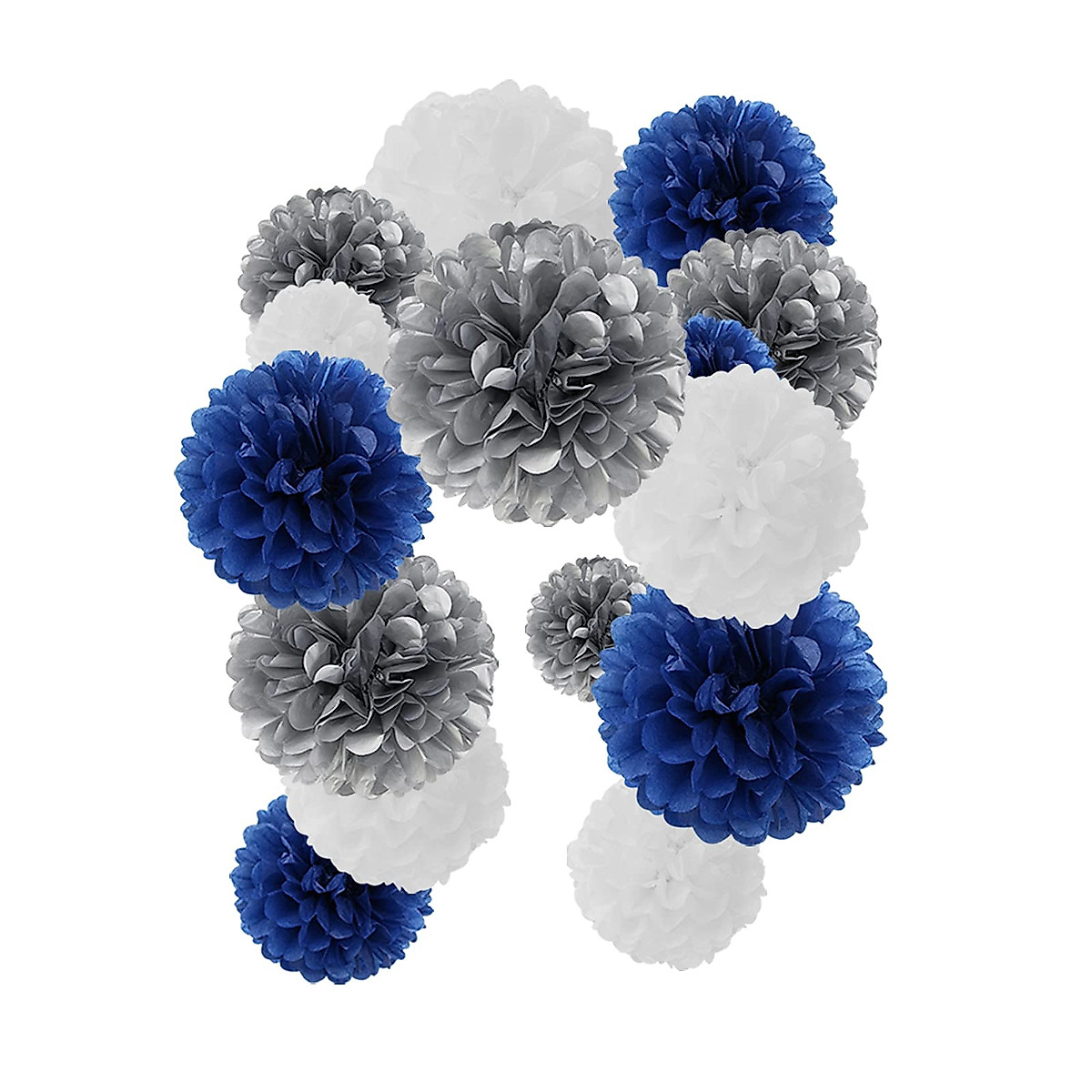 Tissue Paper Pom-Poms Party Decorations - 15pcs 5 Size Navy Blue White Silver Paper Flowers,Graduation Wedding Baby Bridal Shower Room Hanging Decorations Boy Birthday Party Backdrop Decor Panduola
