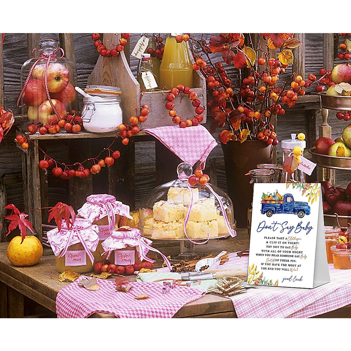 Don't Say Baby Game, Fall Autumn Thanksgiving Pumpkins Baby Shower Game Include Baby Shower Sign and 50 Pcs Mini Clothespins, Gender Neutral Baby Shower Decoration, Party Favors Supplies-LF14