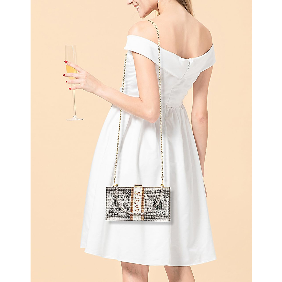 Covelin Dollar Clutch Purse for Women from, Rhinestone Evening Handbag Money Bag Grey