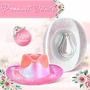 Yahenda 12 Pcs Bachelorette Cowgirl Hats Holographic Bride Cowboy Hat for Western Bachelorette Party Bride Bridesmaid Wedding (White, Pink)