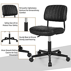 Giantex Leather Office Chair, Armless Low-Back Computer Desk Chair, Retro Swivel Rolling Task Chair Height Adjustable PU Leisure Office Chair for Kids Teens Adults (Black)