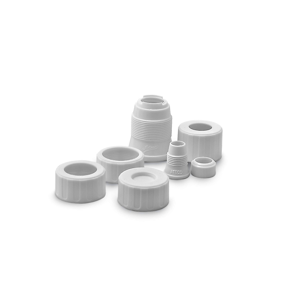 Ateco Universal Pastry Coupler and Cap Set | 7 Piece Set | Works with 250 Ateco decorating Tubes plus tips from other brands