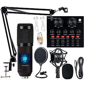 Podcast Equipment Bundle, BM-800 Mic Kit with Live Sound Card, Adjustable Mic Suspension Scissor Arm, Metal Shock Mount and Double-Layer Pop Filter for Studio Recording & Broadcasting (CF200-Black)