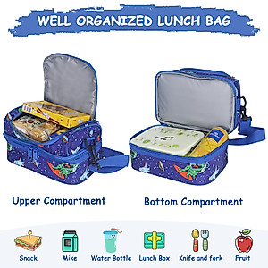 Kasqo Lunch Box Bag for Boys, Insulated Cooler Bag Kids Lunch Tote with Dual Compartments, Blue Dinosaur