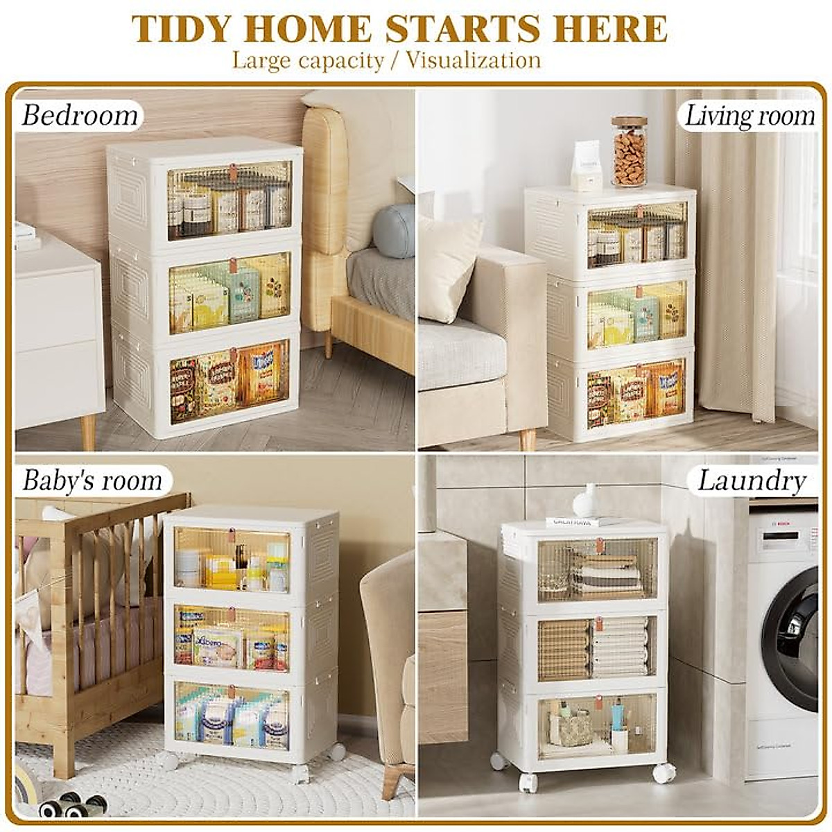 3 Tier Plastic Storage Bins with Lids 23QT, Stackable Storage Containers with Wheels, Folding Storage Boxes, Collapsible Storage Bins, Closet Organizers and Storage for Living Room,Kitchen,Office,Dorm