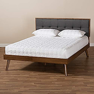Baxton Studio Alke Mid-Century Modern Dark Grey Fabric Upholstered Walnut Brown Finished Wood Full Size Platform Bed