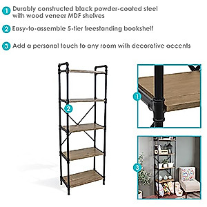 Sunnydaze 5-Tier Freestanding Industrial Bookshelf for Living Room - Black Pipe Style Frame with Wood Veneer Shelves - Brown