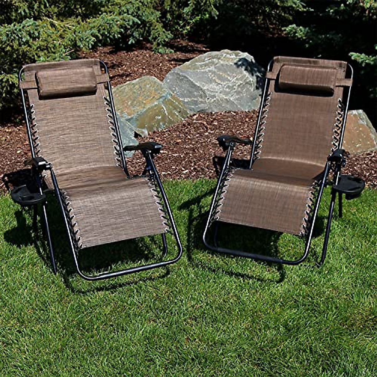 Sunnydaze Outdoor XL Zero Gravity Chair 2 Pack with Pillow and Cup Holder Folding Patio Lawn Recliner Dark Brown Set of 2