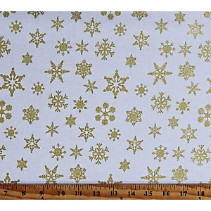 FlashPhoenix Quality Sewing Fabric – 100% Cotton Snowflakes Gold Metallic on White Fabric Print Size; 36" x 44" Inch (by The Yard) 75
