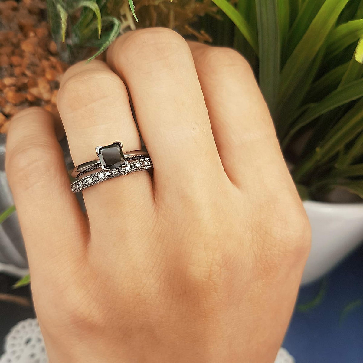 Dazzlingrock Collection 1.50 Carat Princess Black & Round White Diamond Wedding Ring Set for Women in Black Plated 10K White Gold Size 6.5