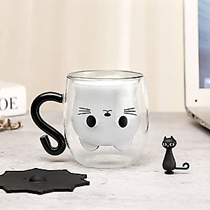 Phitihui Cat Mugs, Double Wall Glass Cute Coffee Tea Cup, Graduation Valentines Mothers Day Easter Halloween Christmas Gifts for Women Wife Mum Her Girl Teacher Friend, Birthday Present Idea (Black)