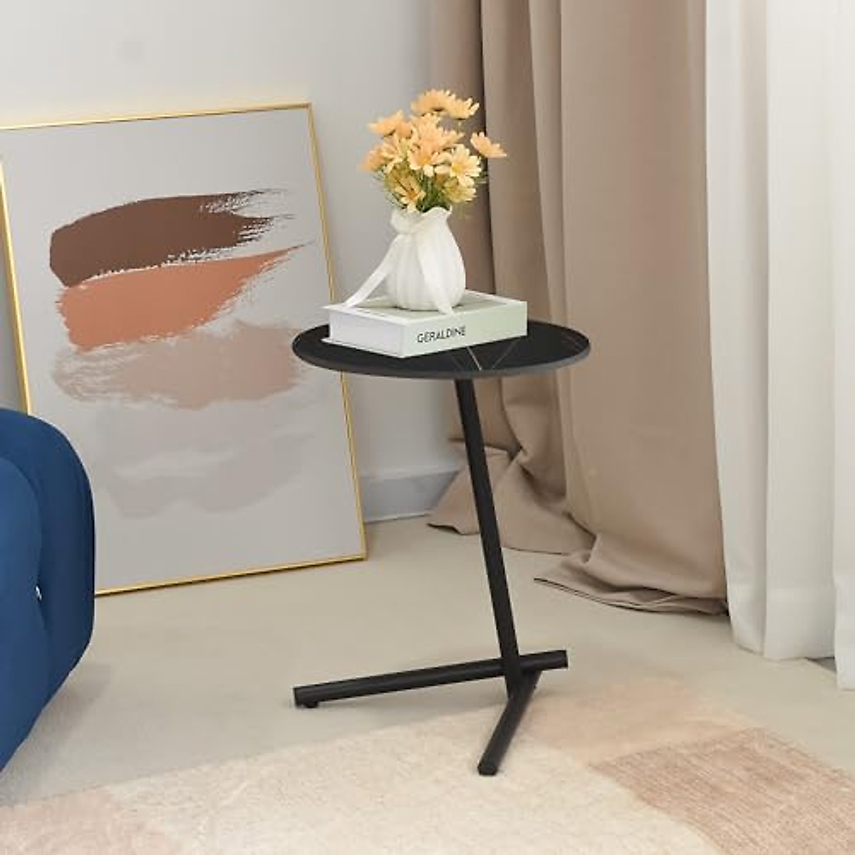 JACH Simplify Round Pedestal Accent Side Table, Minimalist Rock Board Side Table for Living Room, Bedroom, Suitable for Pairing with Sofas, 21" x 17" x 16", (Black)