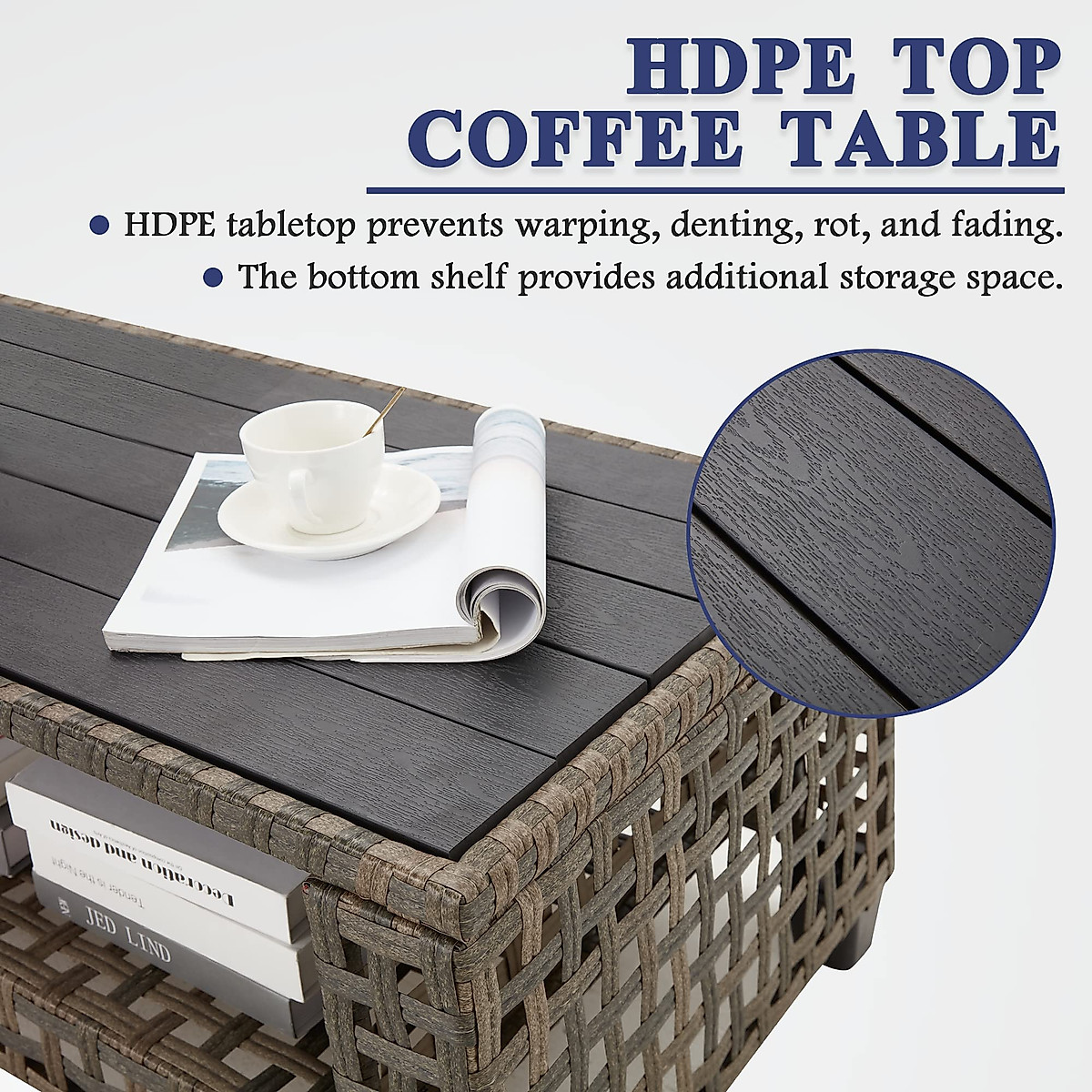 EROMMY 4 Pieces Patio Furniture Set Sofa Couch with Cushions and HDPE Table Top, Handwoven PE Wicker Rattan Patio Furniture Set for Patio, Garden, Yard, Pool, Brown and Blue