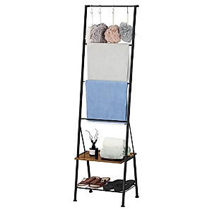 Blanket Ladder Christmas Stocking Holders for Mantle Black Towel Ladder with Shelf Metal Blanket Ladder Holder for Bathroom Standing Ladder Towel Rack with Hooks for Living Room Bedroom Laundry Room