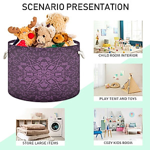 Storage Basket with Cotton Rope Handles Purple Floral Pattern Large Laundry Basket Baby Blanket Basket Toy Clothes Organizer for Living Room, Laundry, Nursery