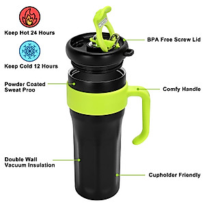 40oz Insulated Tumbler with Lid and Straw, Stainless Steel Thermal Water Bottle Cups with Handle, Leak-proof Travel Coffee Mug for Hot and Cold Beverages (Black)