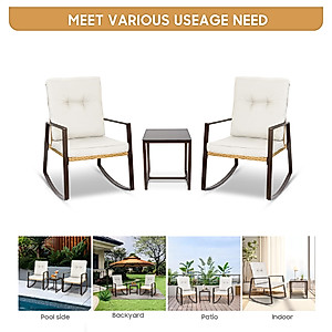 YIYAN 3 Pieces Patio Bistro Set Outdoor Rattan Wicker Rocking Chairs Set,Patio Outdoor Furniture Conversation Sets with Sofa Chairs,Glass Coffee Table and Washable Cushion (Light Beige)