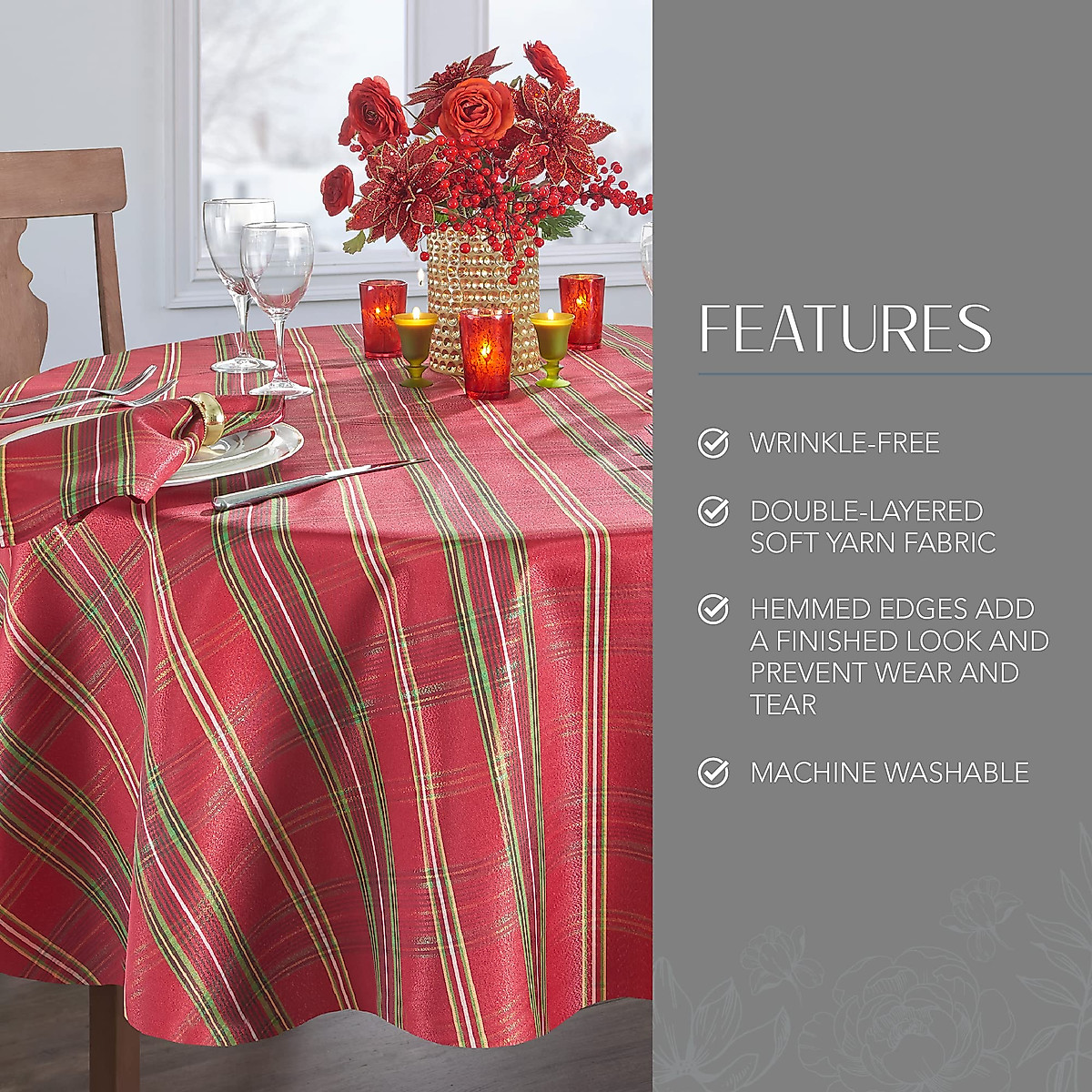 Elrene Home Fashions Shimmering Plaid Holiday Fabric Tablecloth, 60" x 84" Oval, Red
