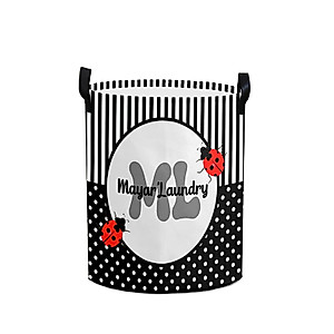 Striped Dots Ladybird Monogram Personalized Laundry Basket Laundry Hamper Clothes Bag Collapsible Tall with Handles,Waterproof,Storage Baskets for Bathroom College Dorm Family Essentials