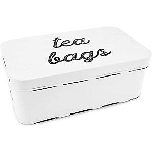 AuldHome Farmhouse Tea Bag Box (White), Vintage Retro Style Enamelware Tea Storage Tin