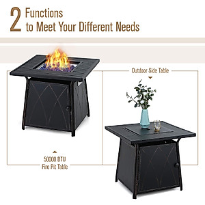 MFSTUDIO 28 Inch Propane Gas Fire Pit Table & Wicker Chairs Furniture Set with Blue Fire Glass, Multi-Function Outdoor Patio Conversation Set, 50,000 BTU, CSA Certification