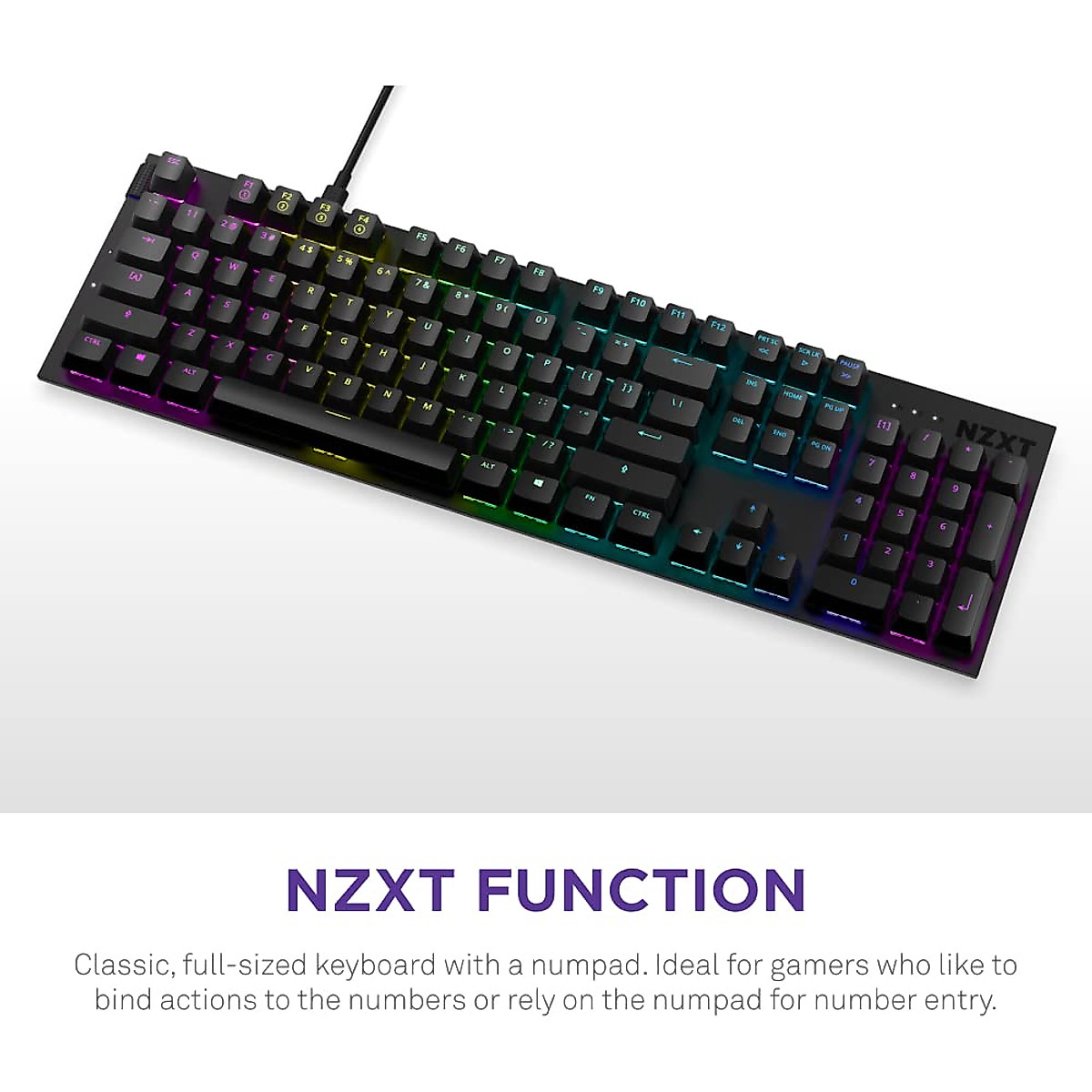 NZXT Function Full-Size USB Gaming Keyboard – Gateron Red Mechanical Switches: Linear, Fast, and Quiet – Hot-Swappable – RGB Backlit – Aluminum Top Plate – Sound Dampening Foam – Wrist Rest – Black